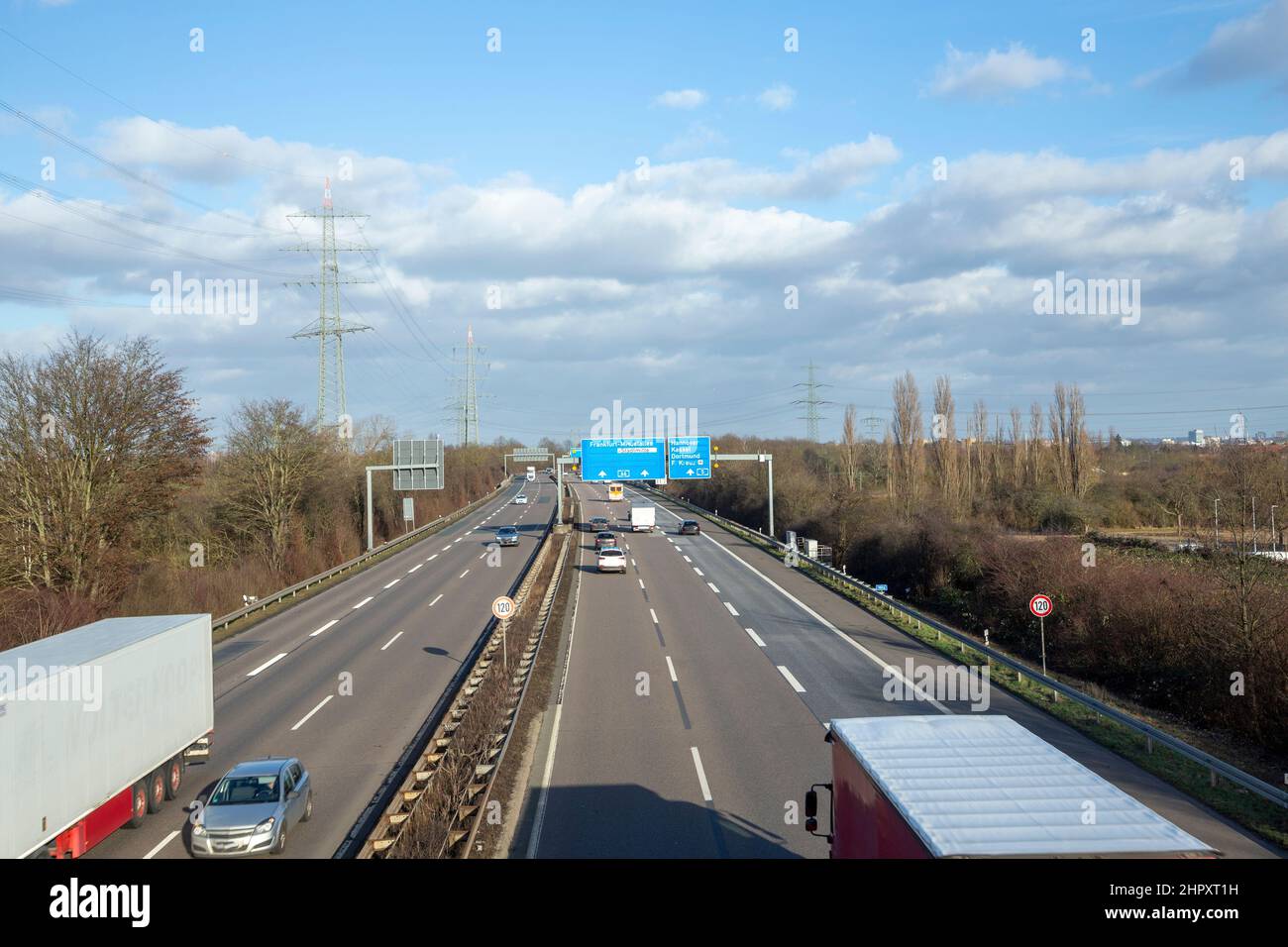 view to german highway A5 with speed reduction to 120 km and blue ...