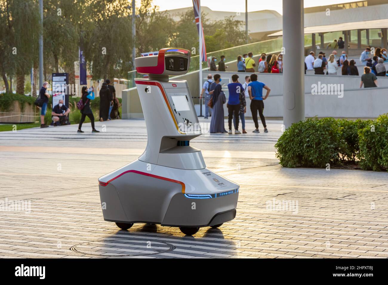 A Terminus security robot displaying a reminder to wear a face mask at ...