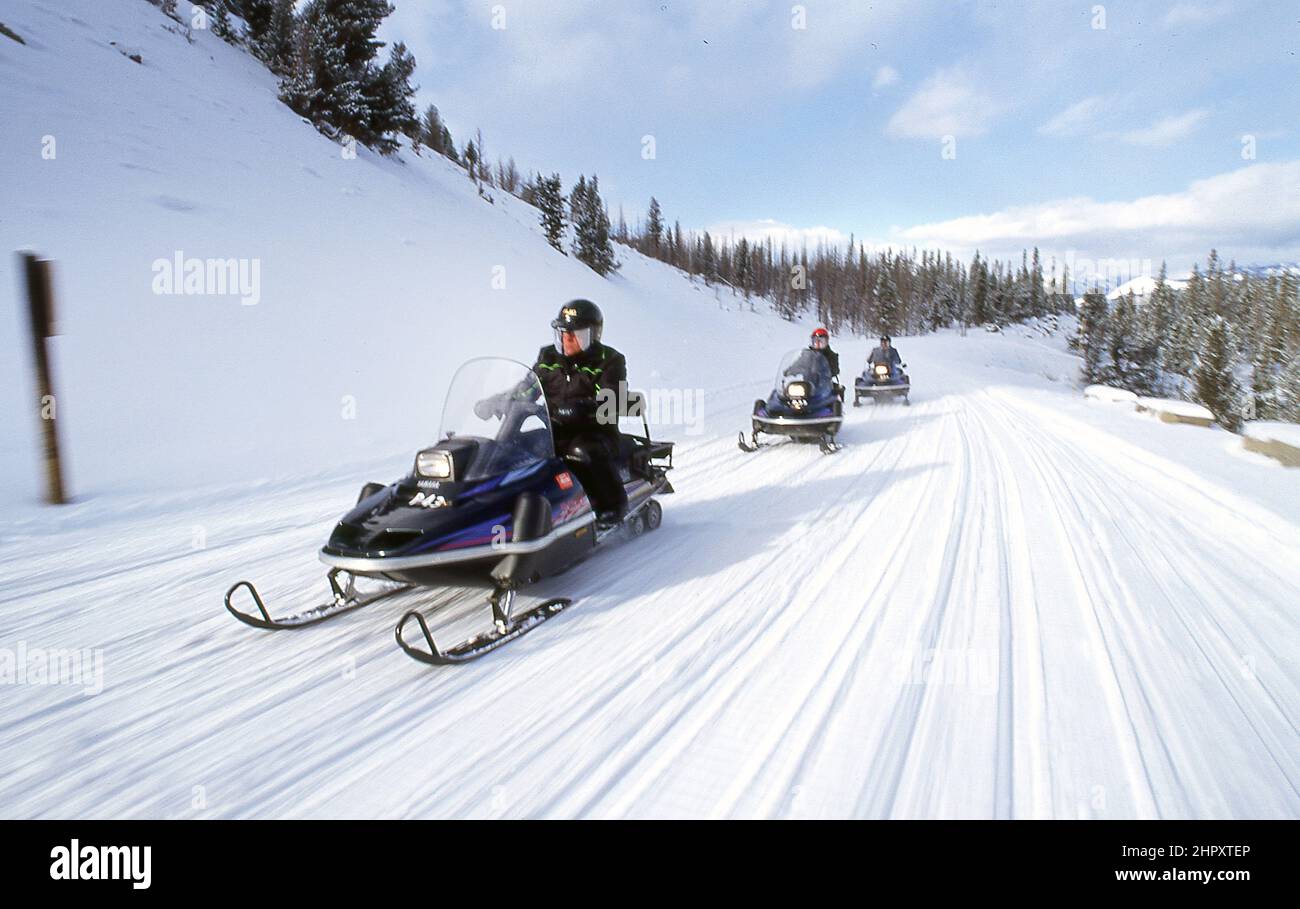 Snowmobiling in Yellowstone National Park Montana USA Stock Photo - Alamy
