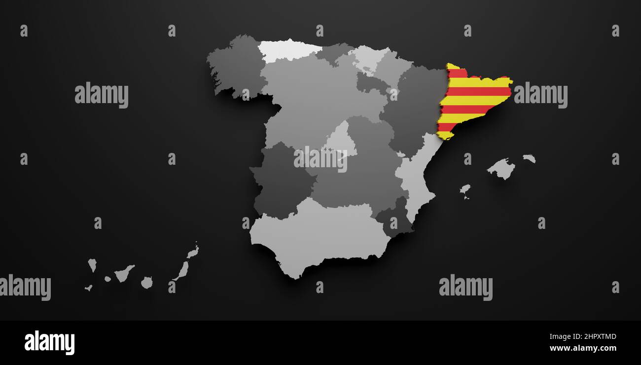 3d rendering of a Catalonia Spanish Community flag and map on a black ...