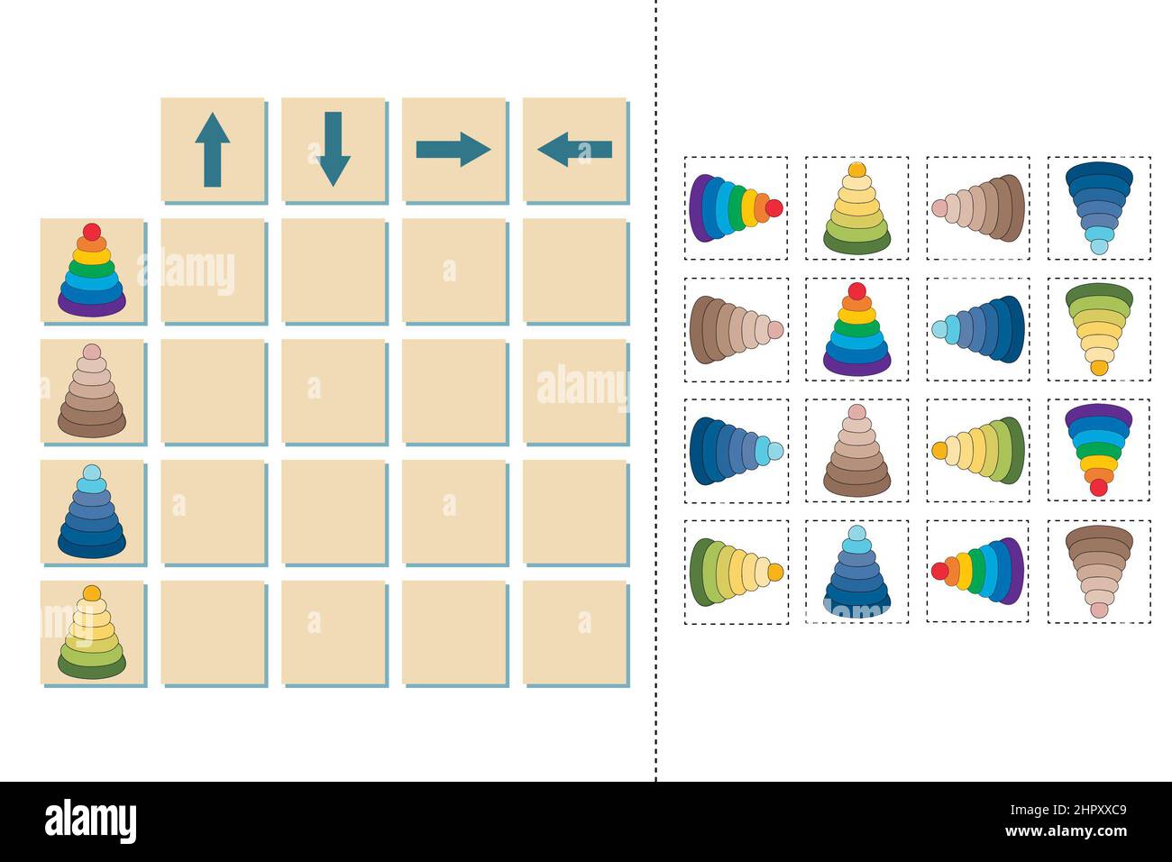 Match cartoon pyramids and directions up, down, left and right ...