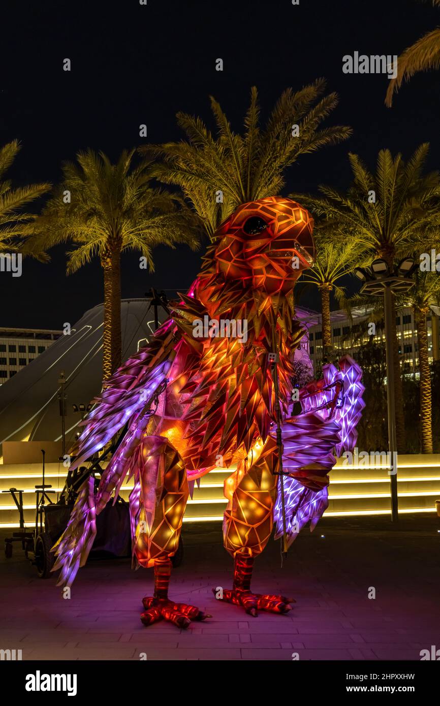 An illuminated giant mechanical Falcon, the UAE’s national bird, at the ...