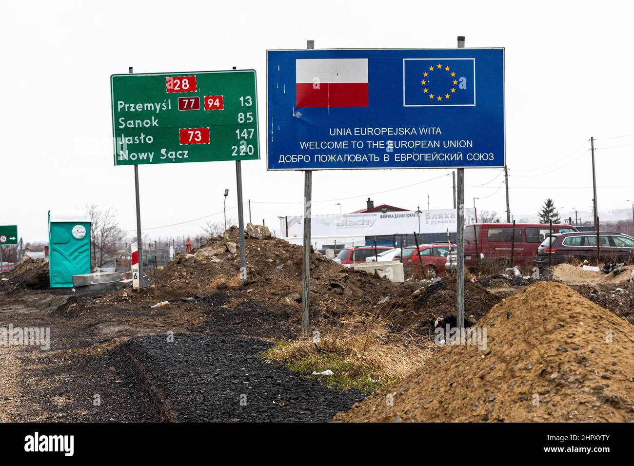 Medyka, Poland. 23rd Feb, 2022. A 'Welcome to the European Union' sign ...