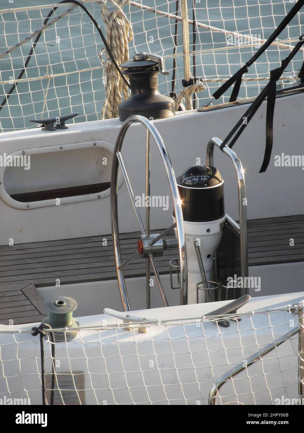 Sailing boat control wheel Stock Photo - Alamy