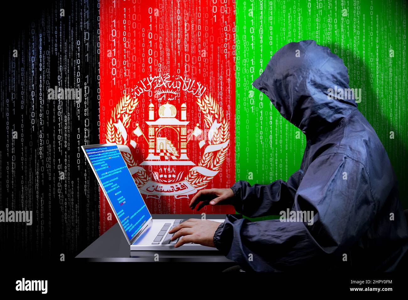 Anonymous hooded hacker, flag of Afghanistan, binary code - cyber attack concept Stock Photo - Alamy