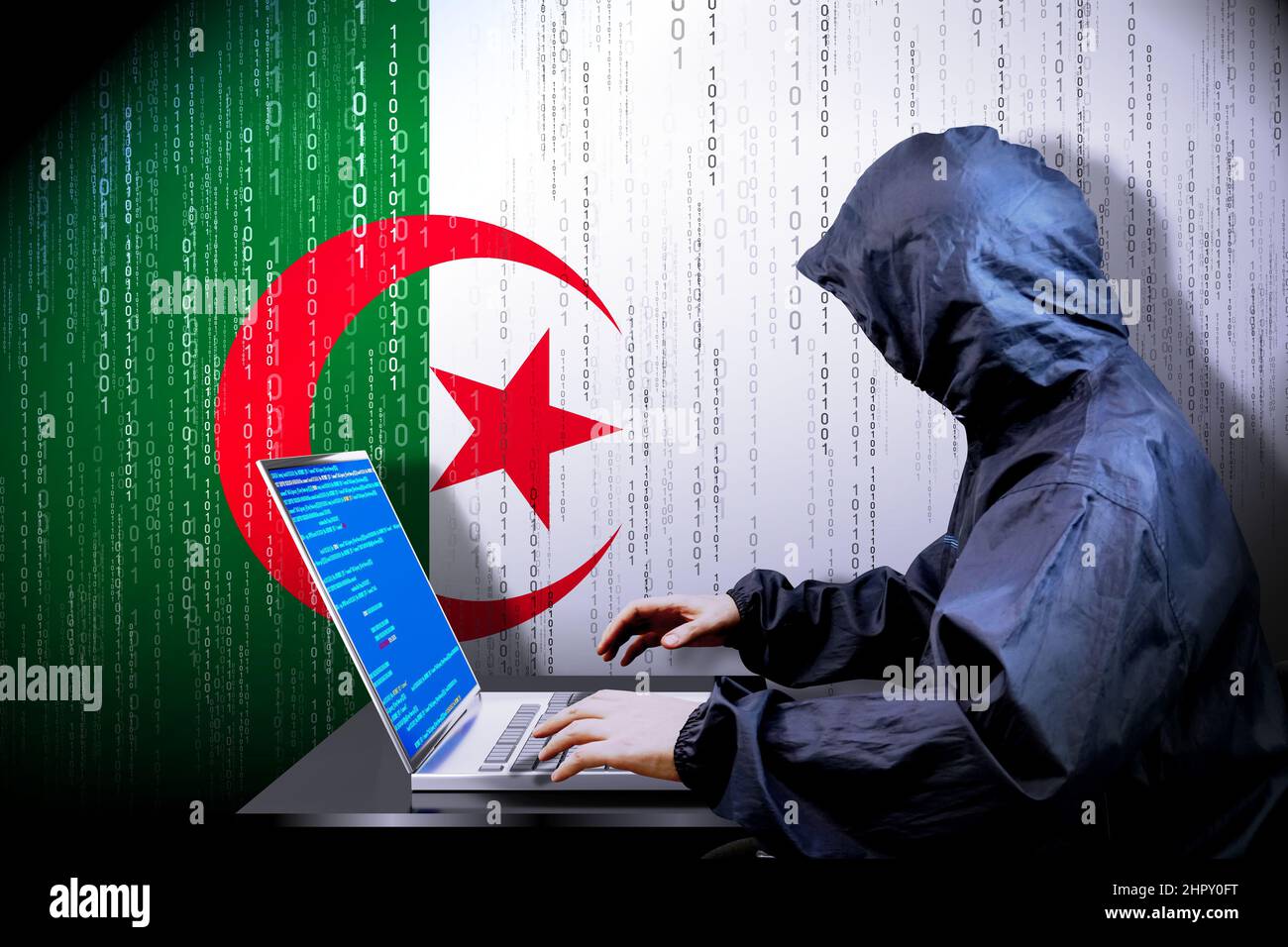 Anonymous hooded hacker, flag of Algeria, binary code - cyber attack ...
