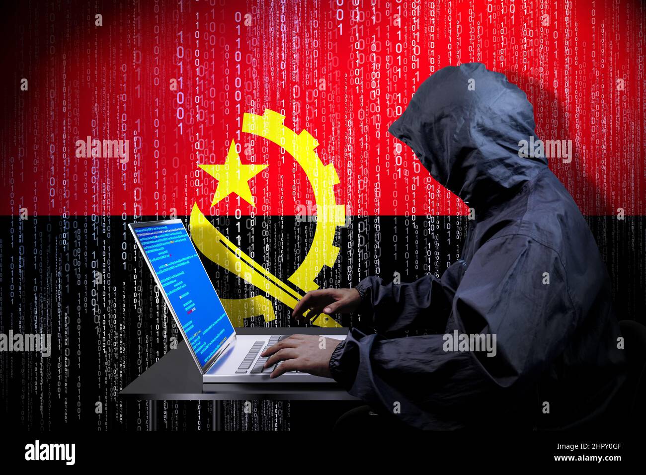 Anonymous hooded hacker, flag of Angola, binary code - cyber attack ... Anonymous hooded hacker, flag of Angola, binary code - cyber attack ...