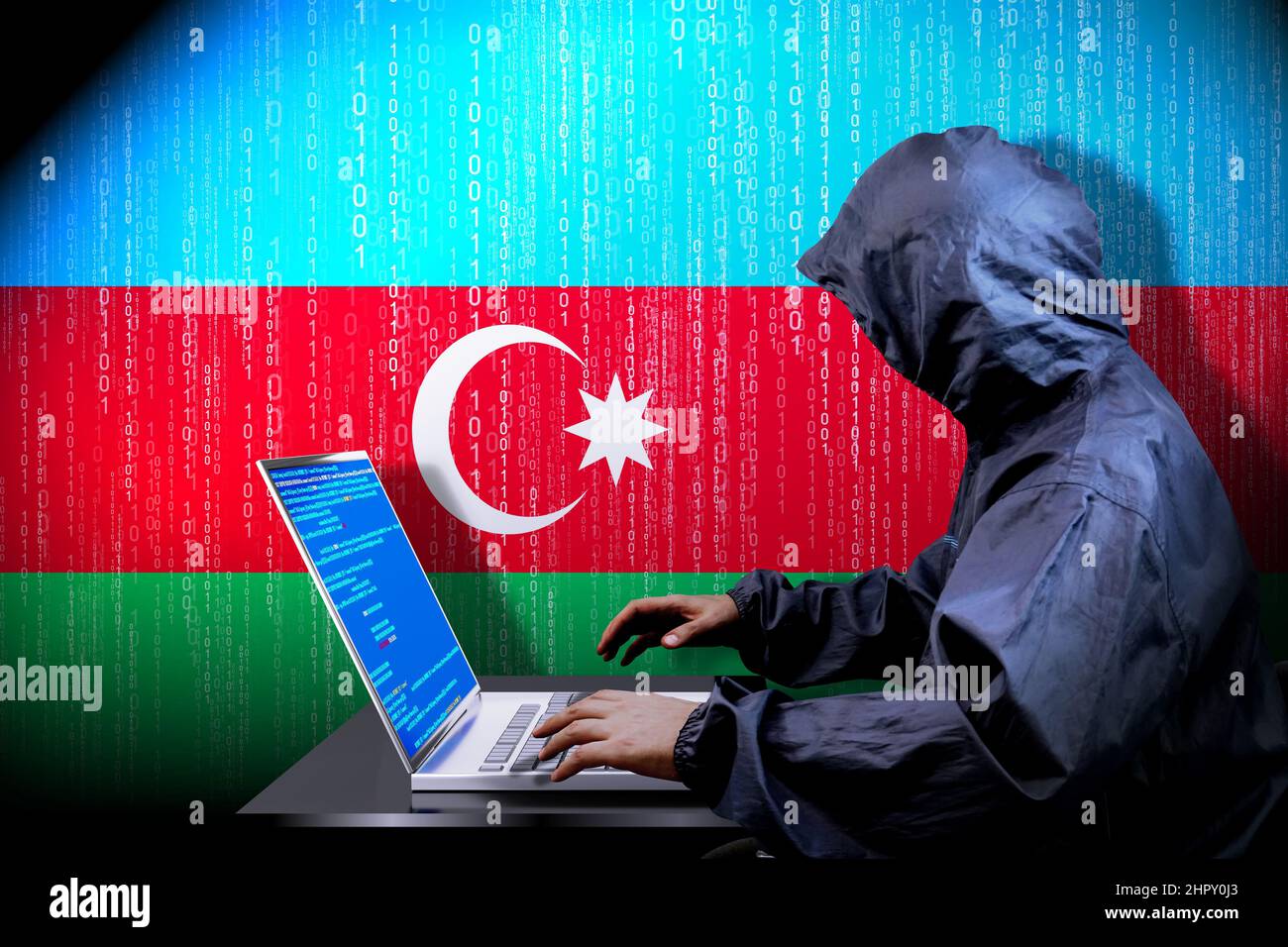 Anonymous hooded hacker, flag of Azerbaijan, binary code - cyber attack ...