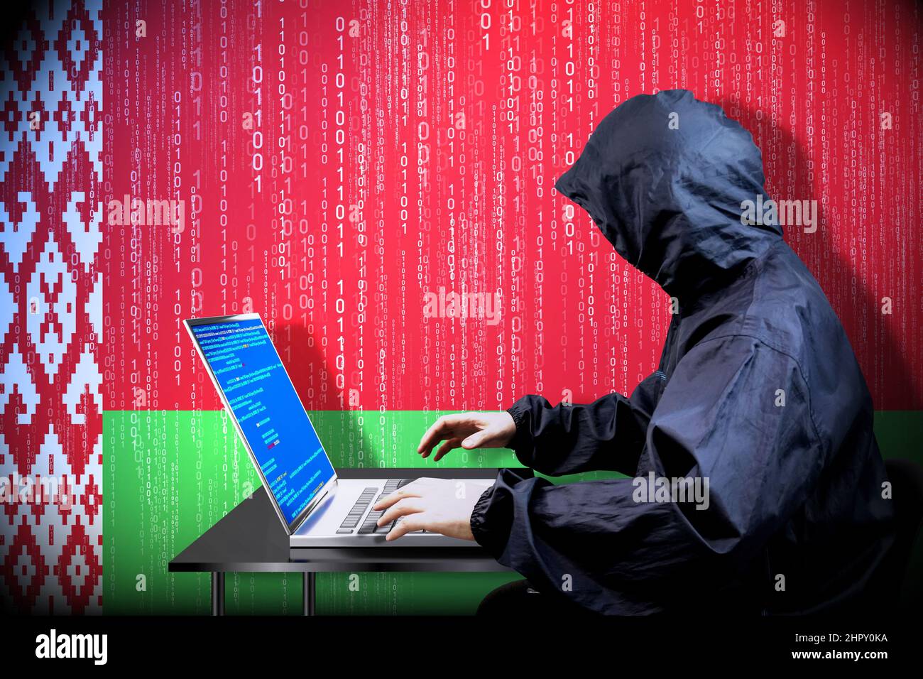 Anonymous hooded hacker, flag of Belarus, binary code - cyber attack concept Stock Photo - Alamy