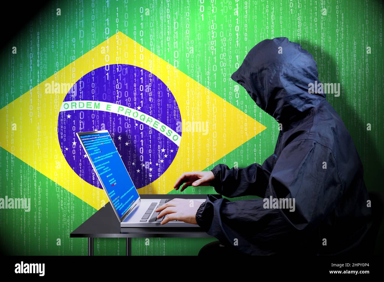 Anonymous hooded hacker, flag of Brazil, binary code - cyber attack ...