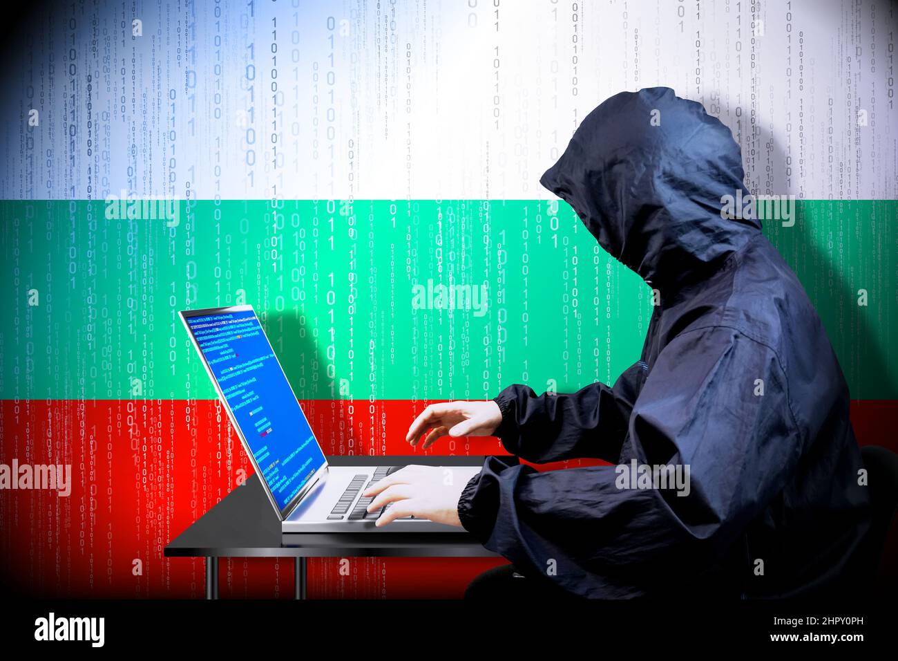 Anonymous hooded hacker, flag of Bulgaria, binary code - cyber attack concept Stock Photo - Alamy