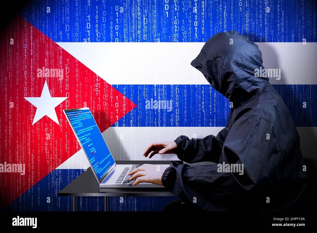 Anonymous hooded hacker, flag of Cuba, binary code - cyber attack ...
