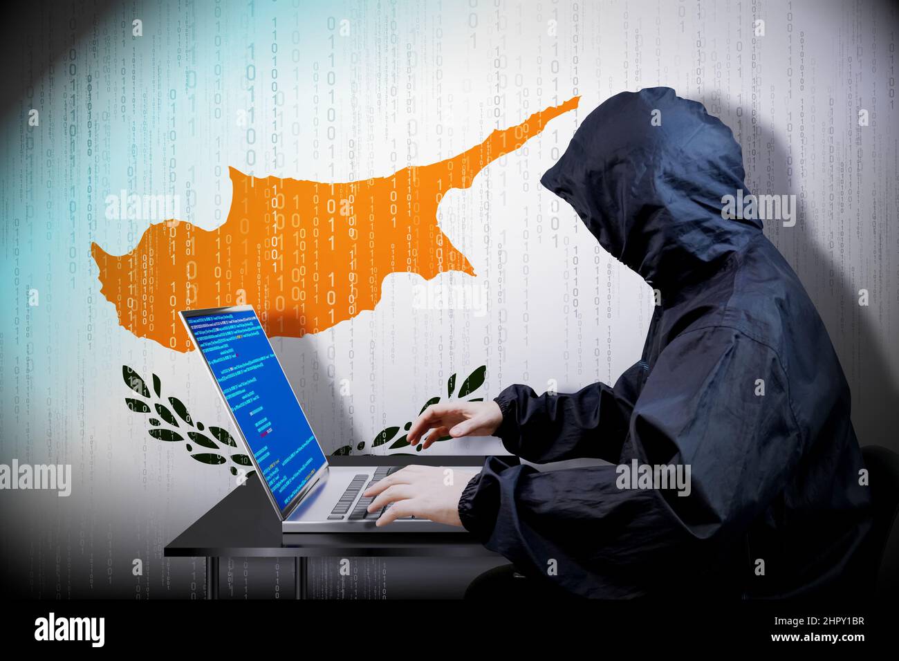 Anonymous hooded hacker, flag of Cyprus, binary code - cyber attack concept Stock Photo - Alamy