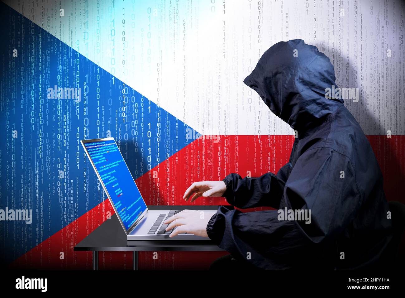 Anonymous hooded hacker, flag of Czech Republic, binary code - cyber ...