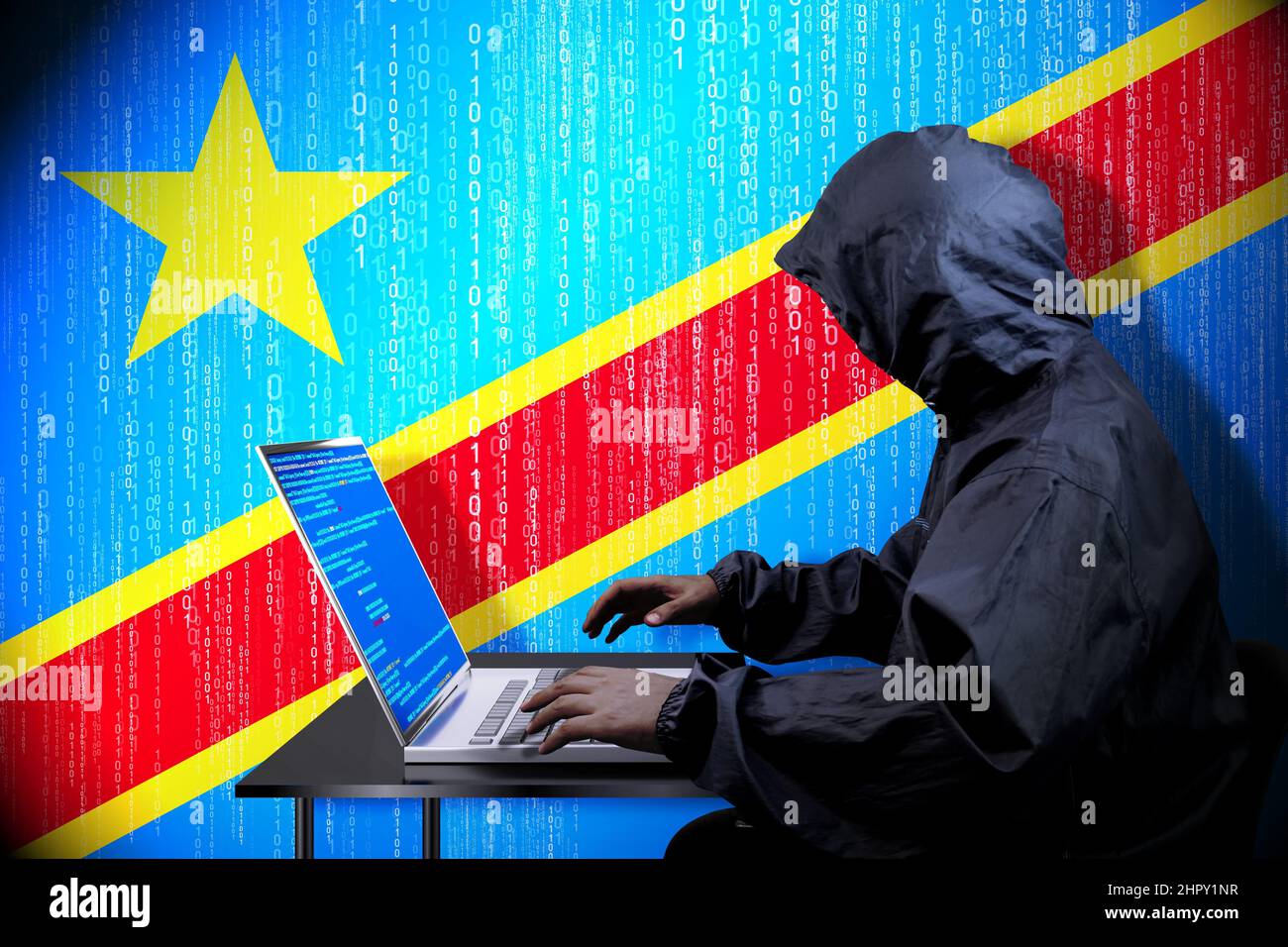 Anonymous Hooded Hacker Flag Of Congo Democratic Republic Binary Code Cyber Attack Concept 