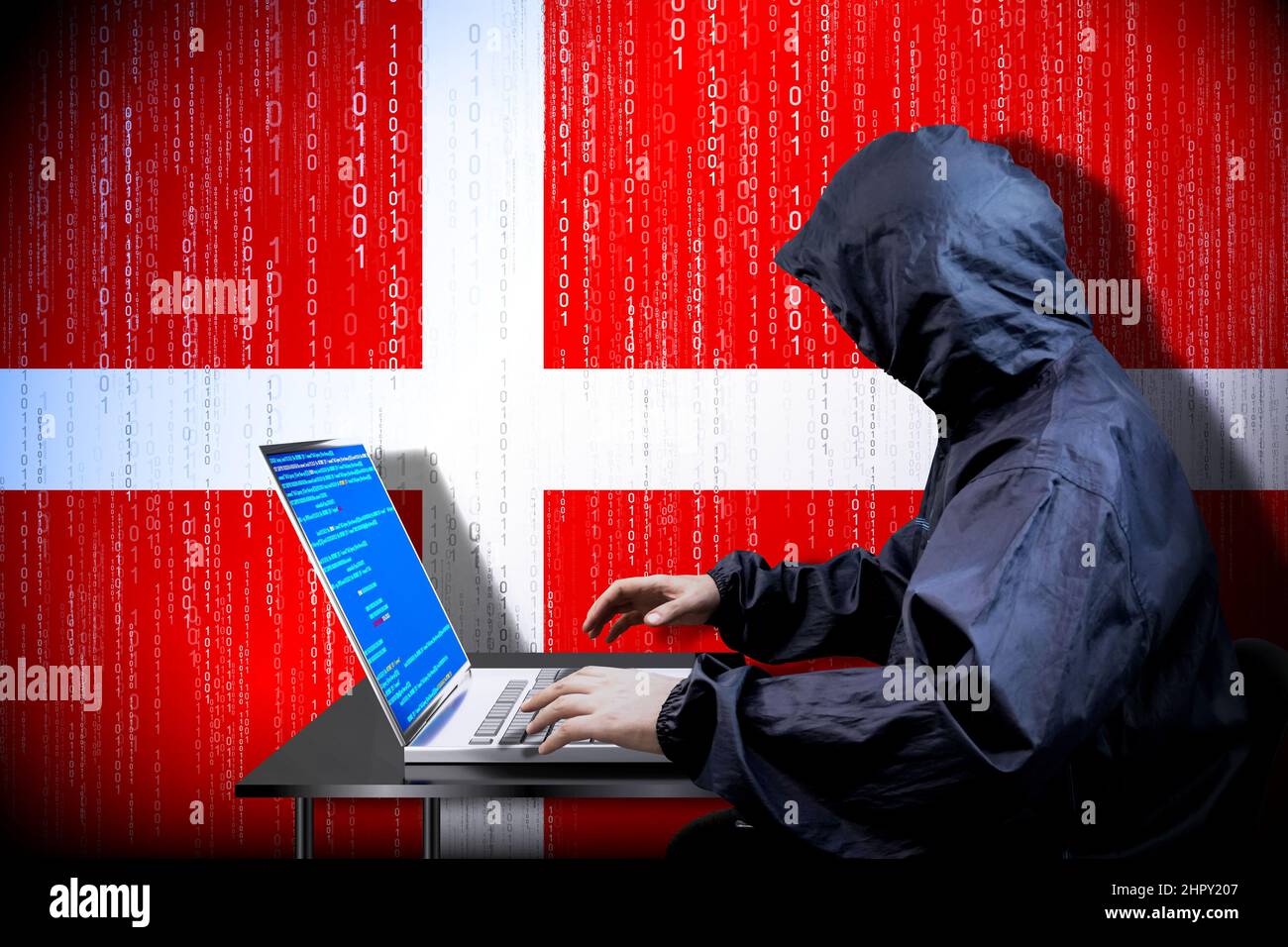 Anonymous hooded hacker, flag of Denmark, binary code - cyber attack ...