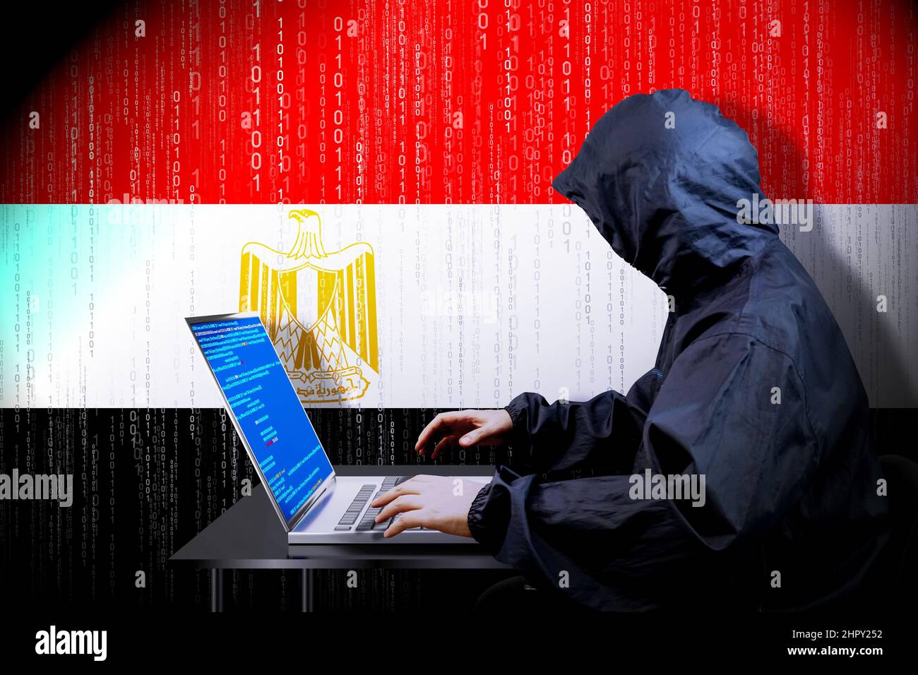 Anonymous hooded hacker, flag of Egypt, binary code - cyber attack ...