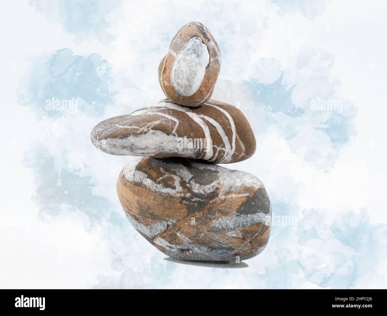 Illustration Art of a Totem of zen stones on coastline Stock Photo - Alamy