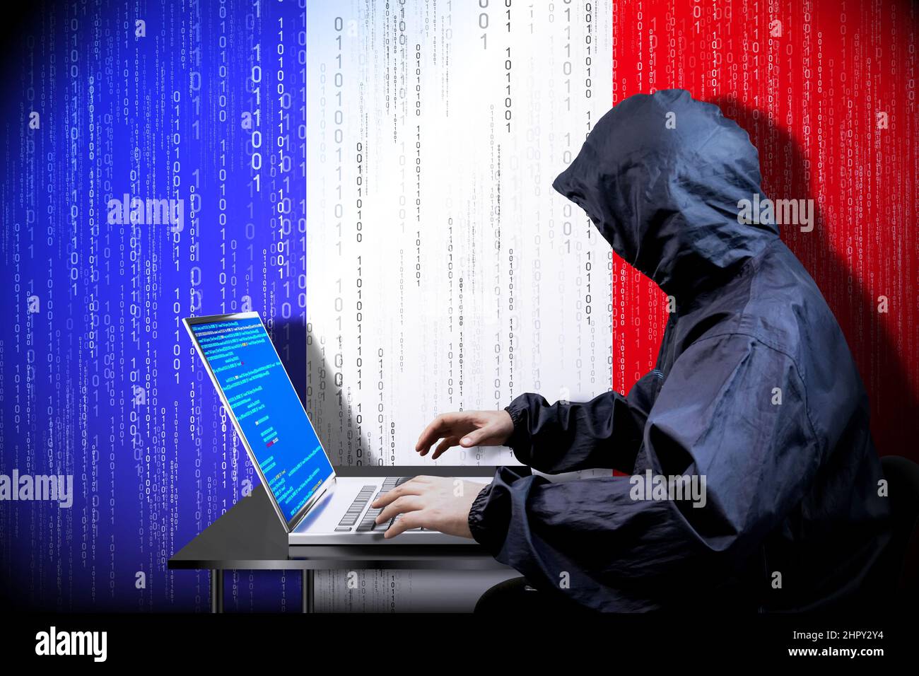 Anonymous hooded hacker, flag of France, binary code - cyber attack ...