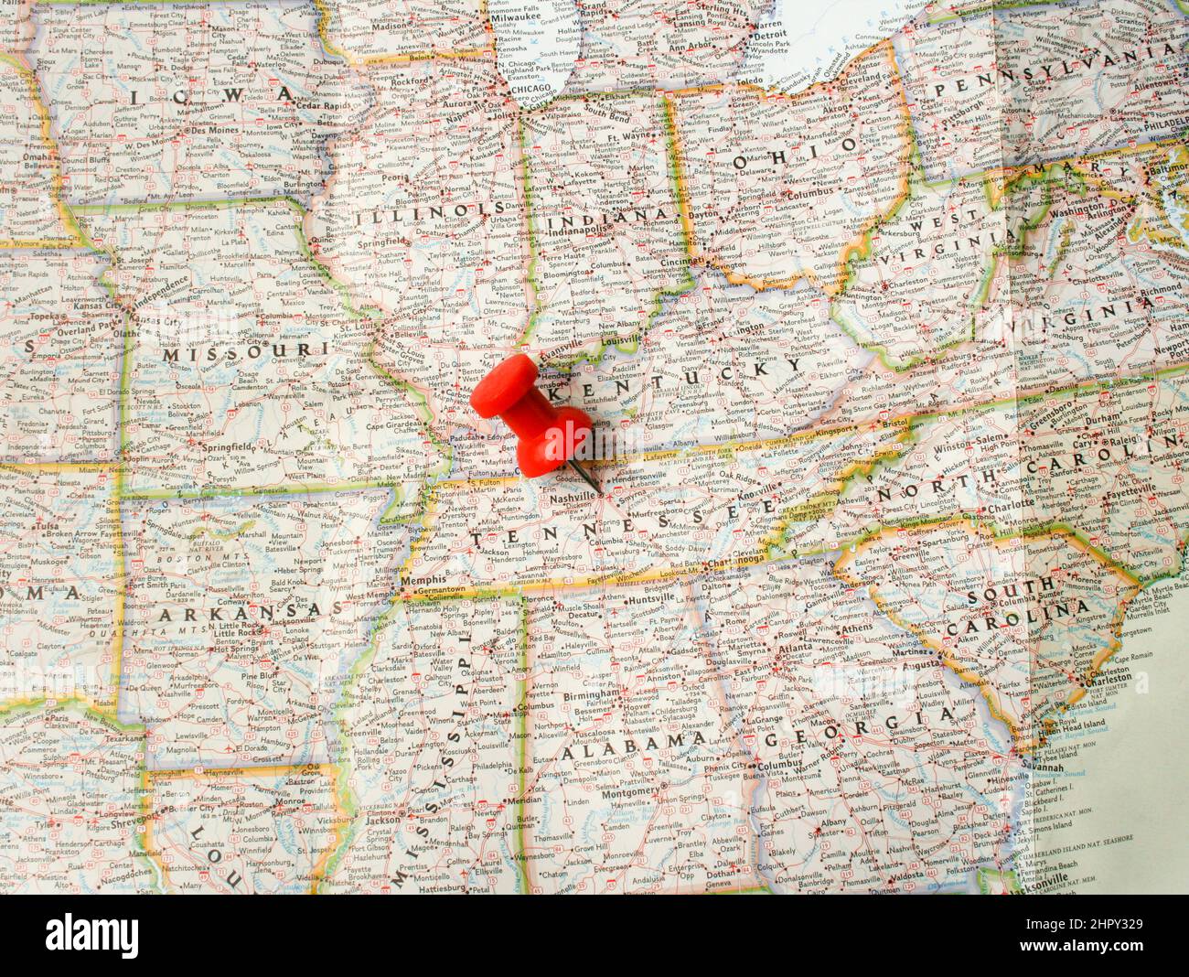 Red pin on Nashville, Tennessee in USA on map Stock Photo - Alamy