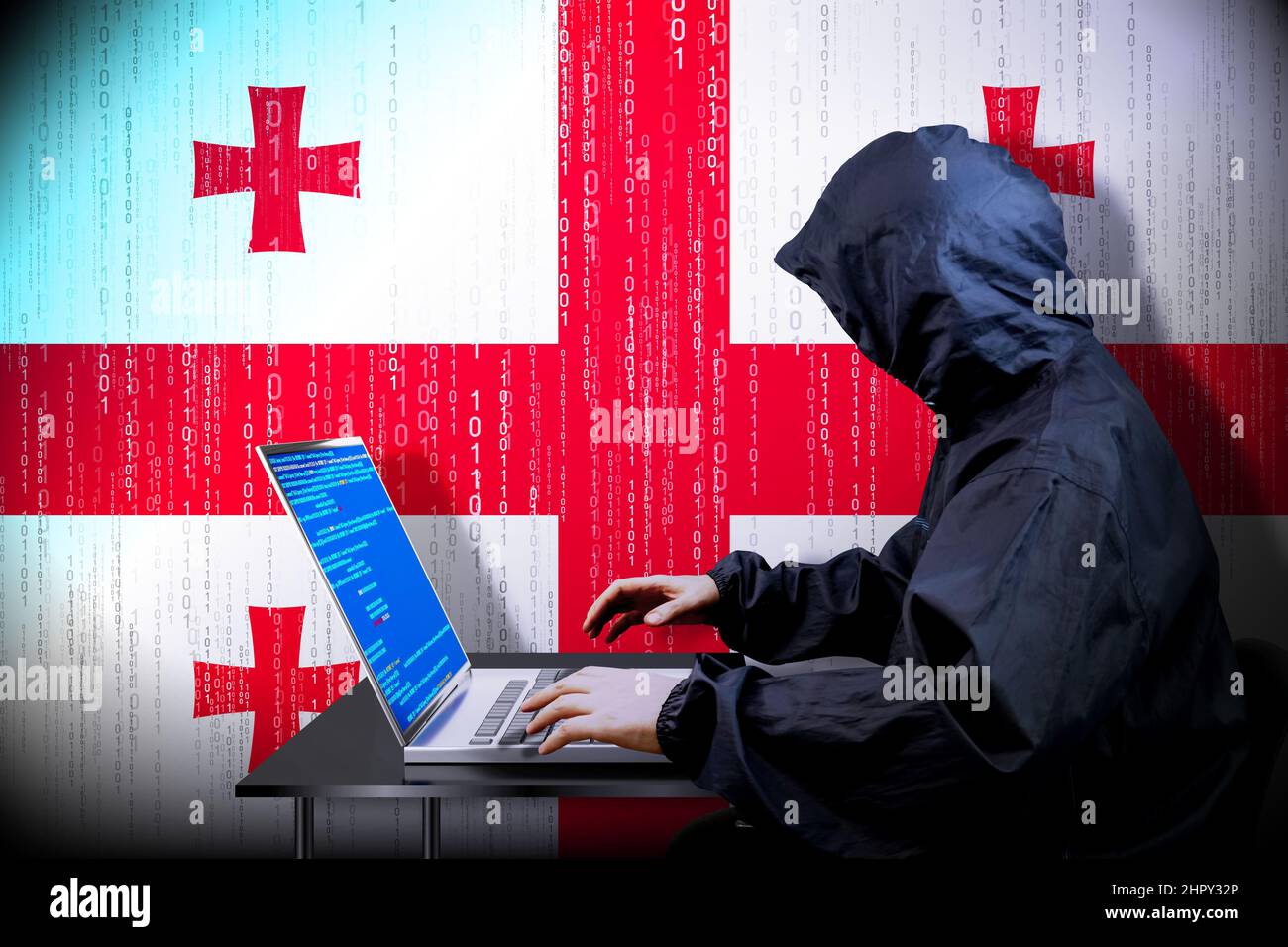 Anonymous hooded hacker, flag of Georgia, binary code - cyber attack ...