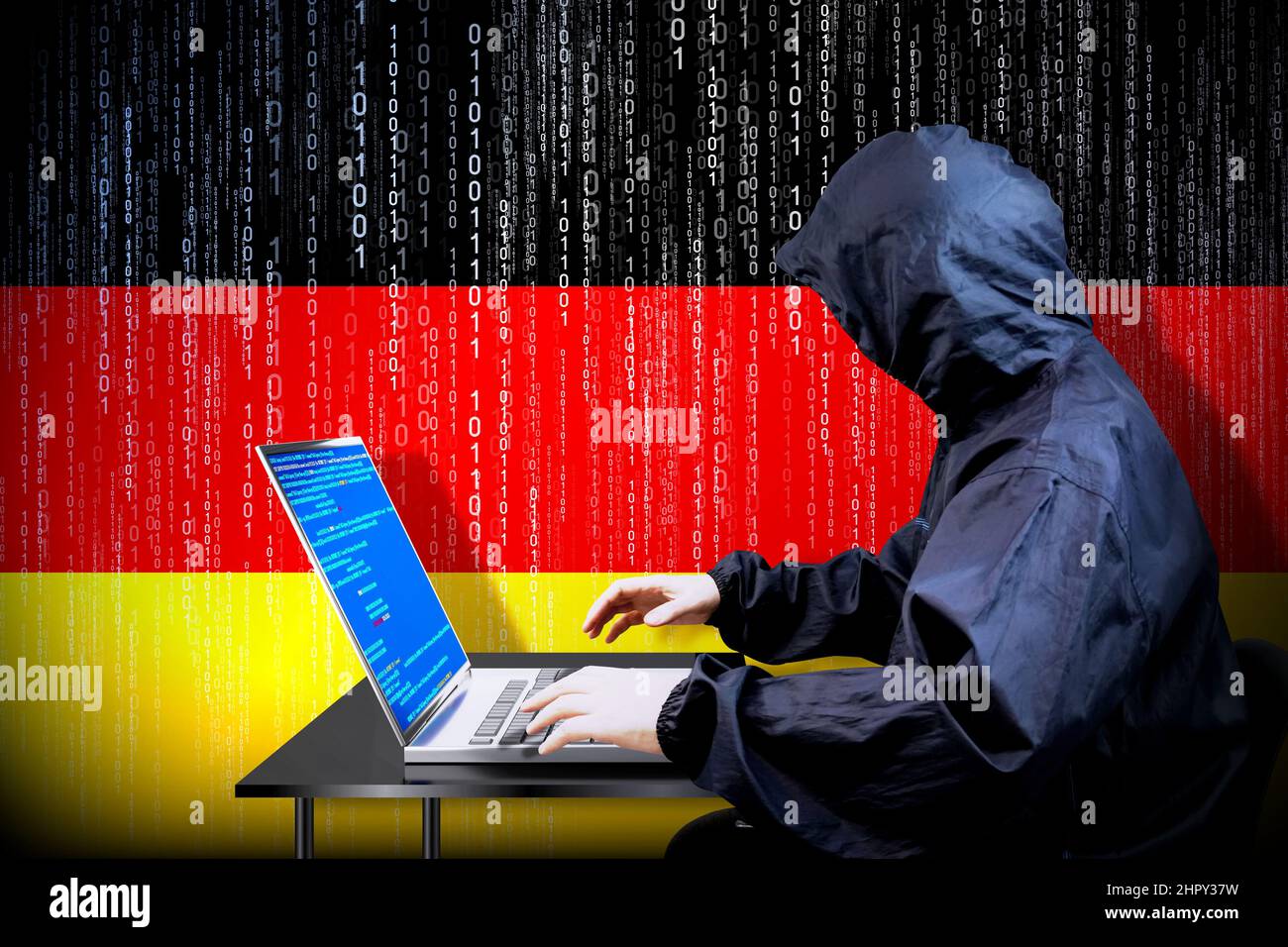 Anonymous hooded hacker, flag of Germany, binary code - cyber attack ...