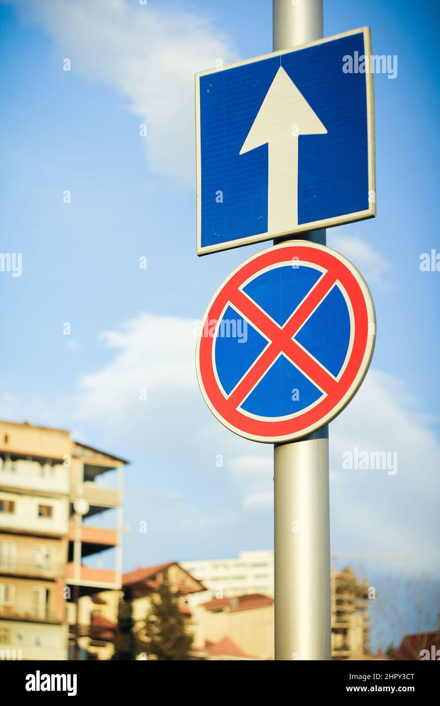 Road sign view against the blue sky Stock Photo - Alamy