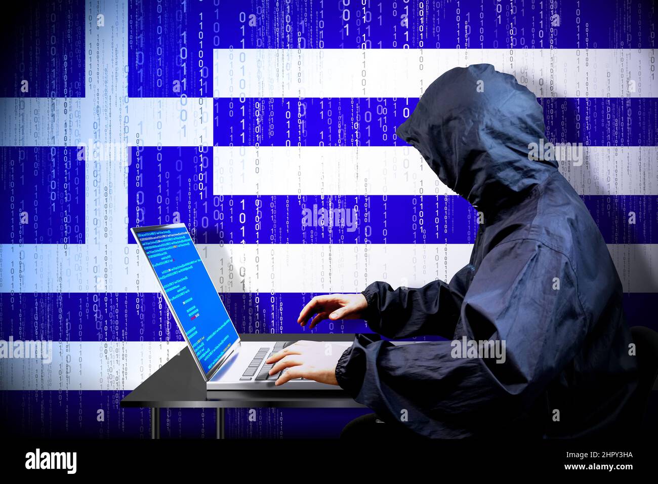 Anonymous Hooded Hacker Flag Of Greece Binary Code Cyber Attack