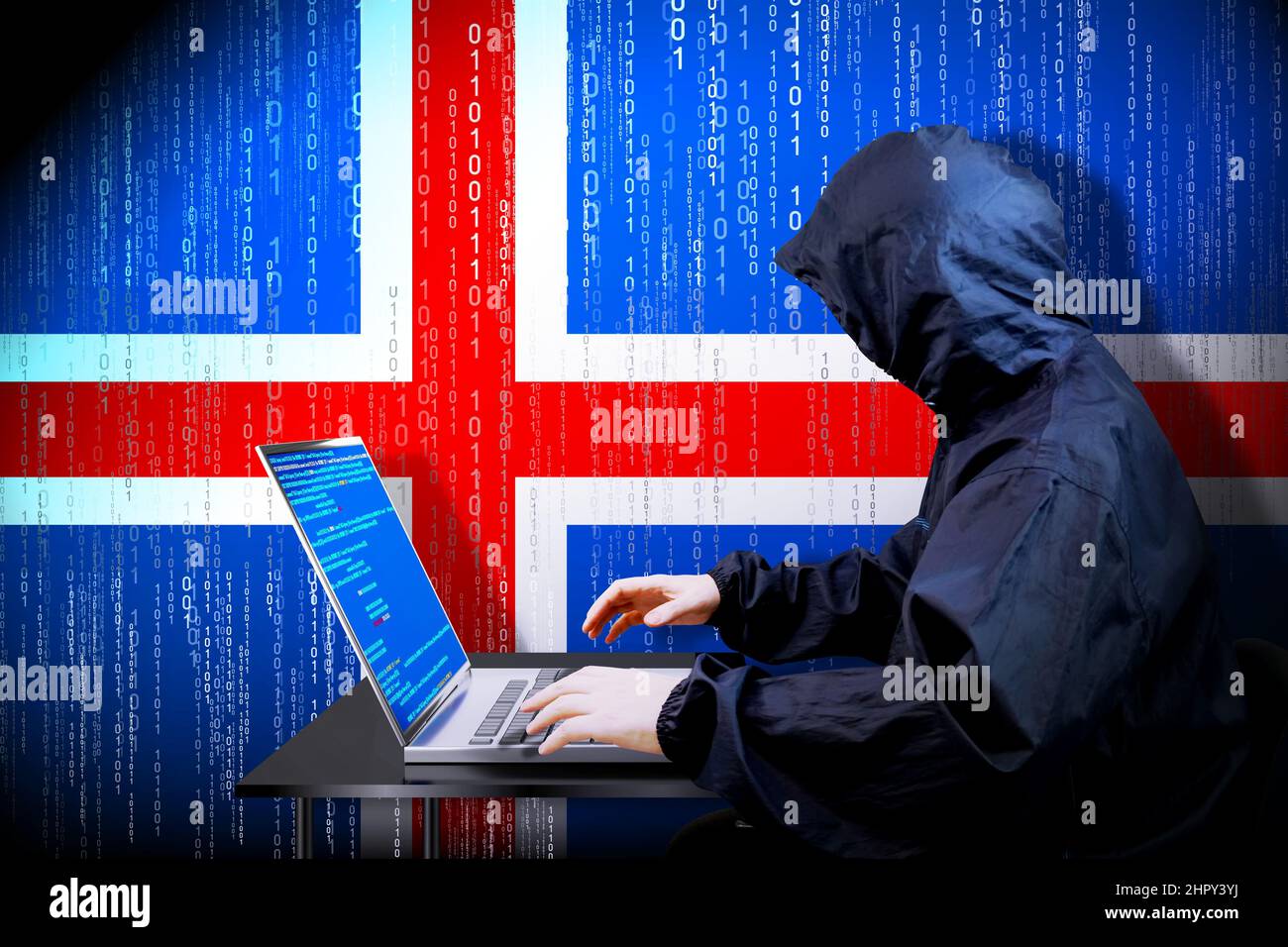 Anonymous hooded hacker, flag of Iceland, binary code - cyber attack ...