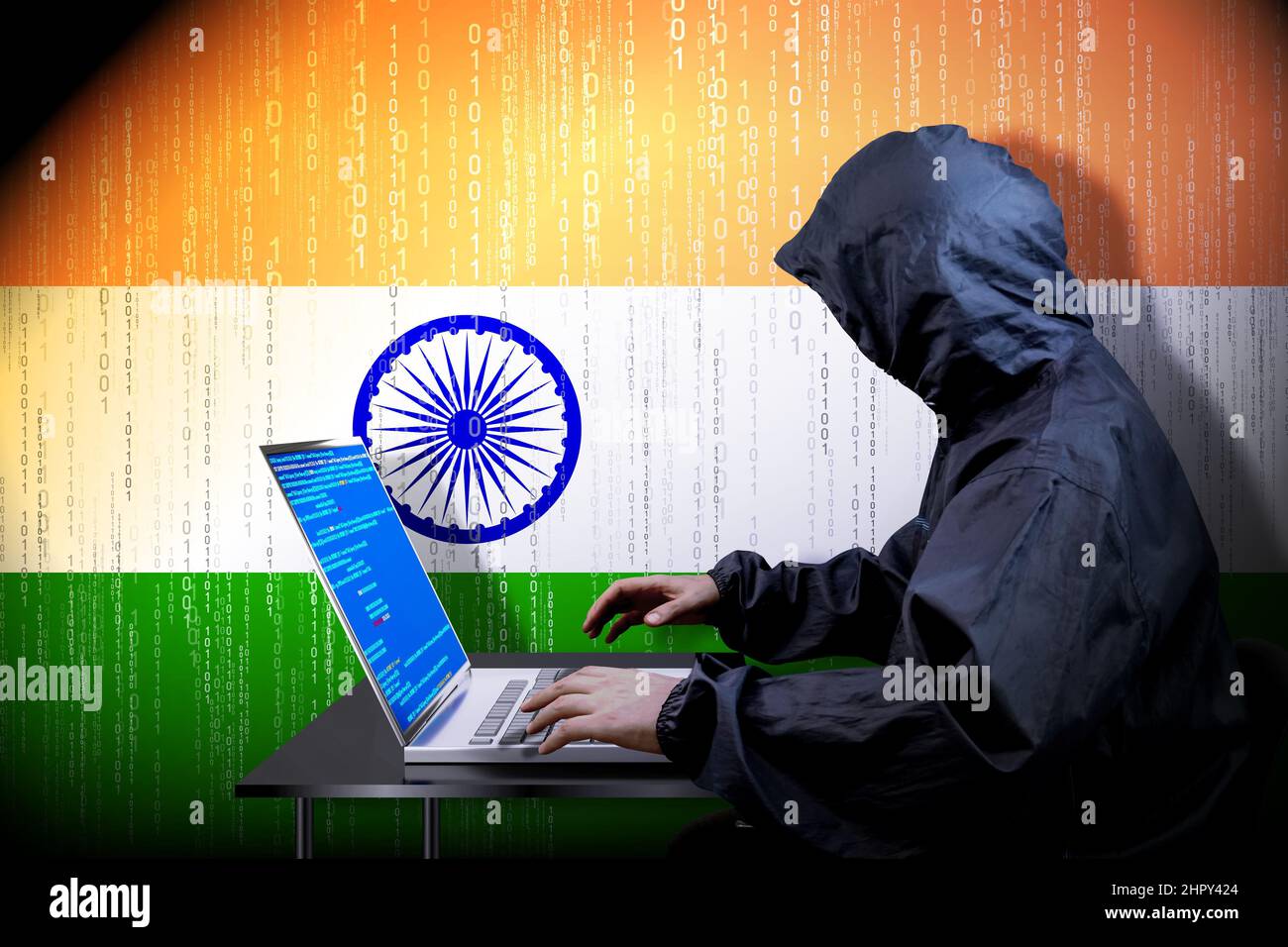 Anonymous hooded hacker, flag of India binary code - cyber attack ...