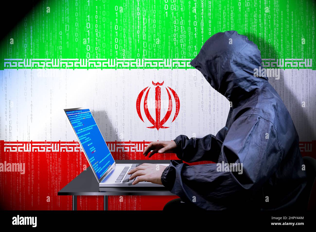 Anonymous hooded hacker, flag of Iran, binary code - cyber attack concept Stock Photo - Alamy