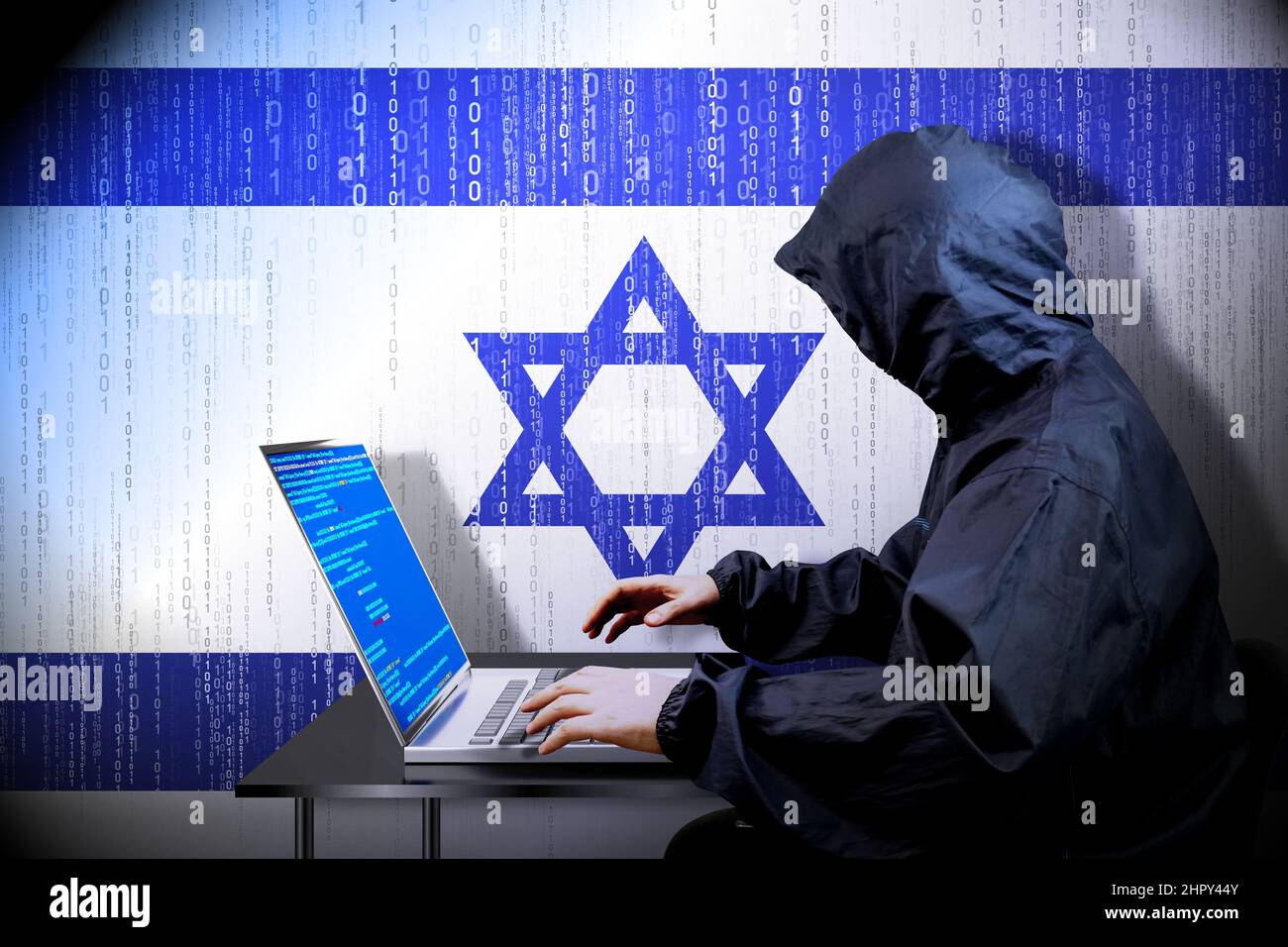 Anonymous hooded hacker, flag of Israel, binary code - cyber attack concept Stock Photo - Alamy