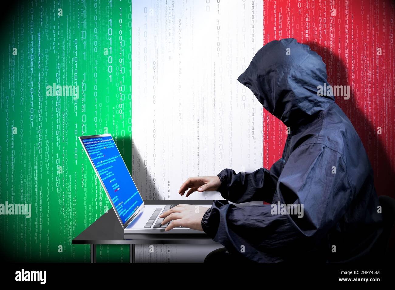 Anonymous hooded hacker, flag of Italy, binary code - cyber attack ...