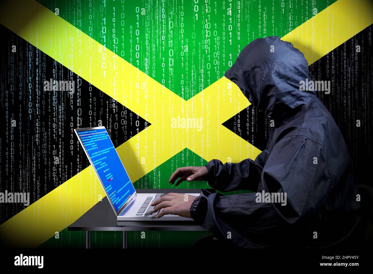Anonymous hooded hacker, flag of Jamaica, binary code - cyber attack concept Stock Photo - Alamy