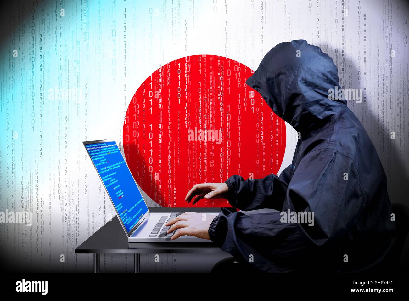Anonymous hooded hacker, flag of Japan, binary code - cyber attack concept Stock Photo - Alamy