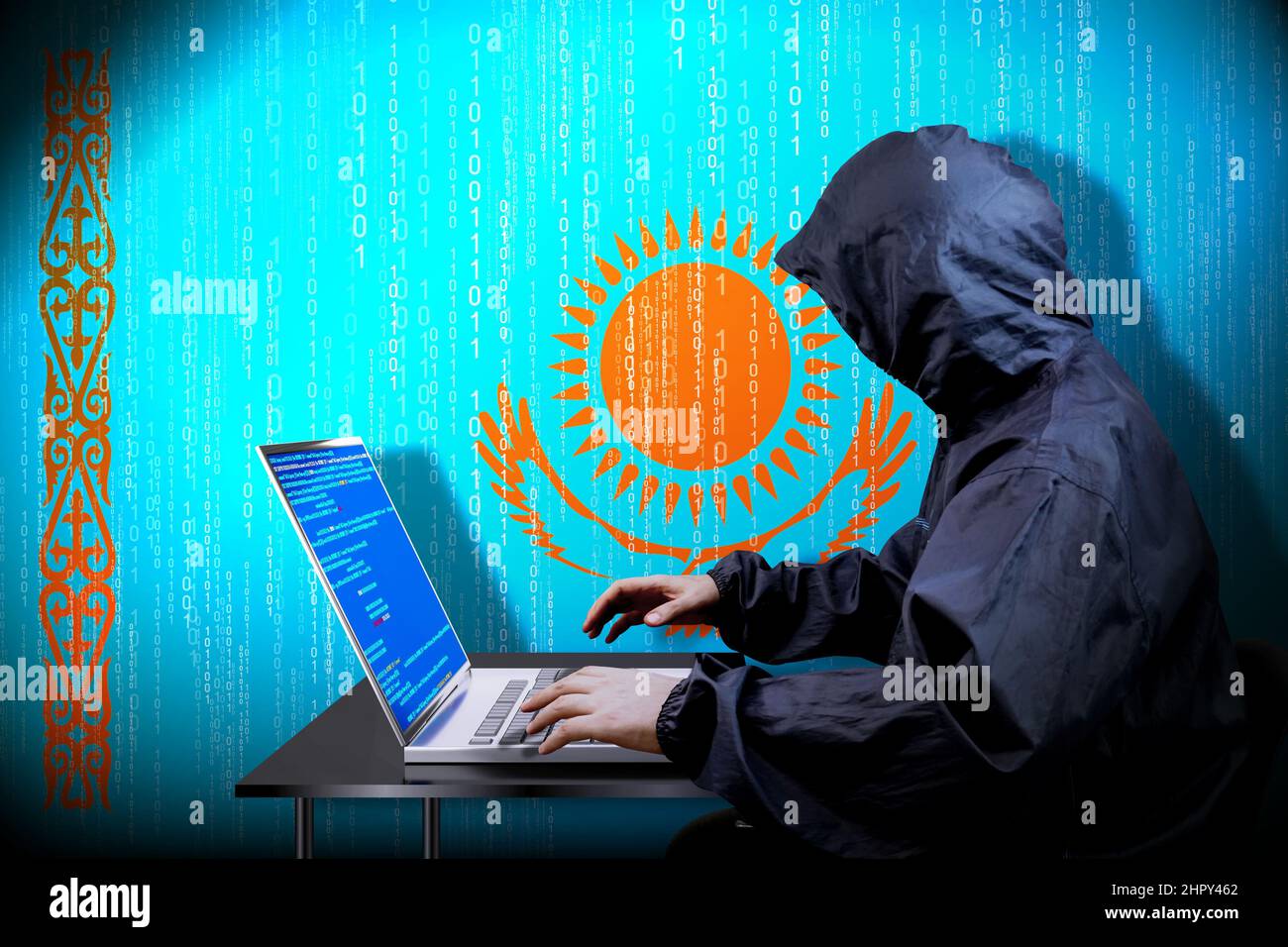 Anonymous hooded hacker, flag of Kazakhstan, binary code - cyber attack concept Stock Photo - Alamy