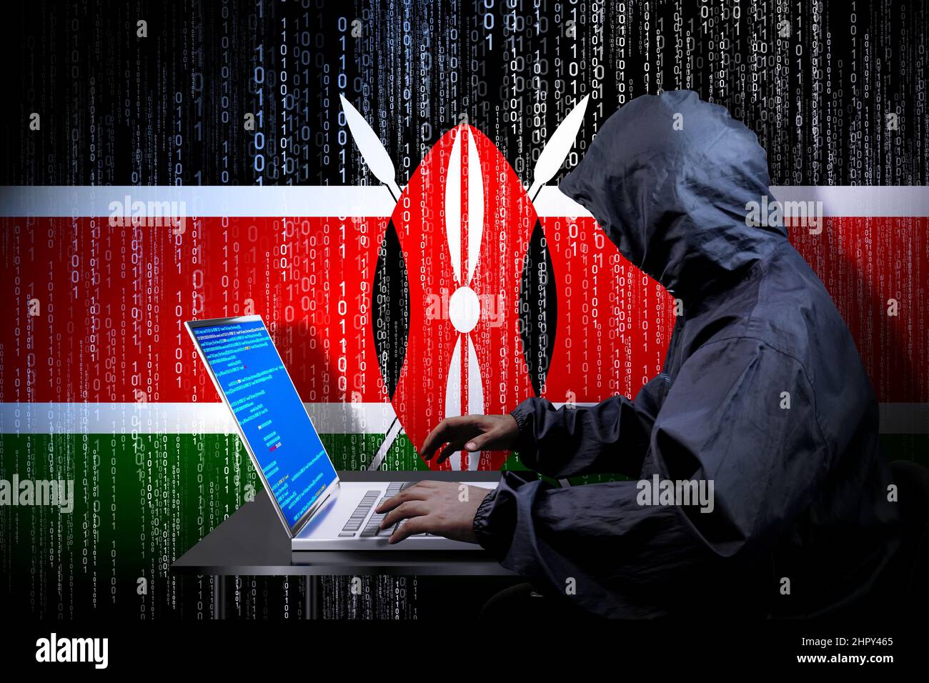 Anonymous hooded hacker, flag of Kenya, binary code - cyber attack ...