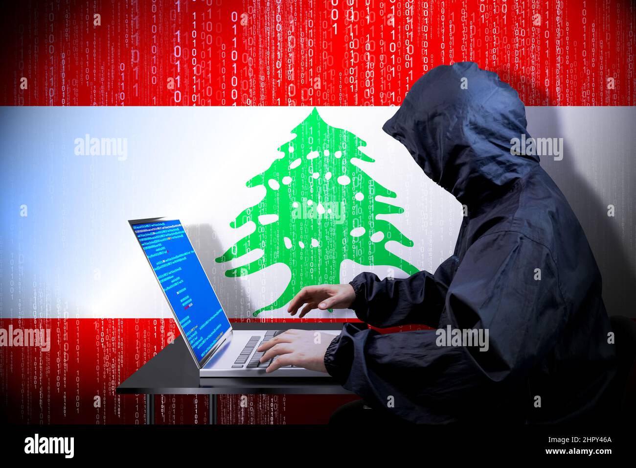 Anonymous hooded hacker, flag of Lebanon, binary code - cyber attack concept Stock Photo - Alamy