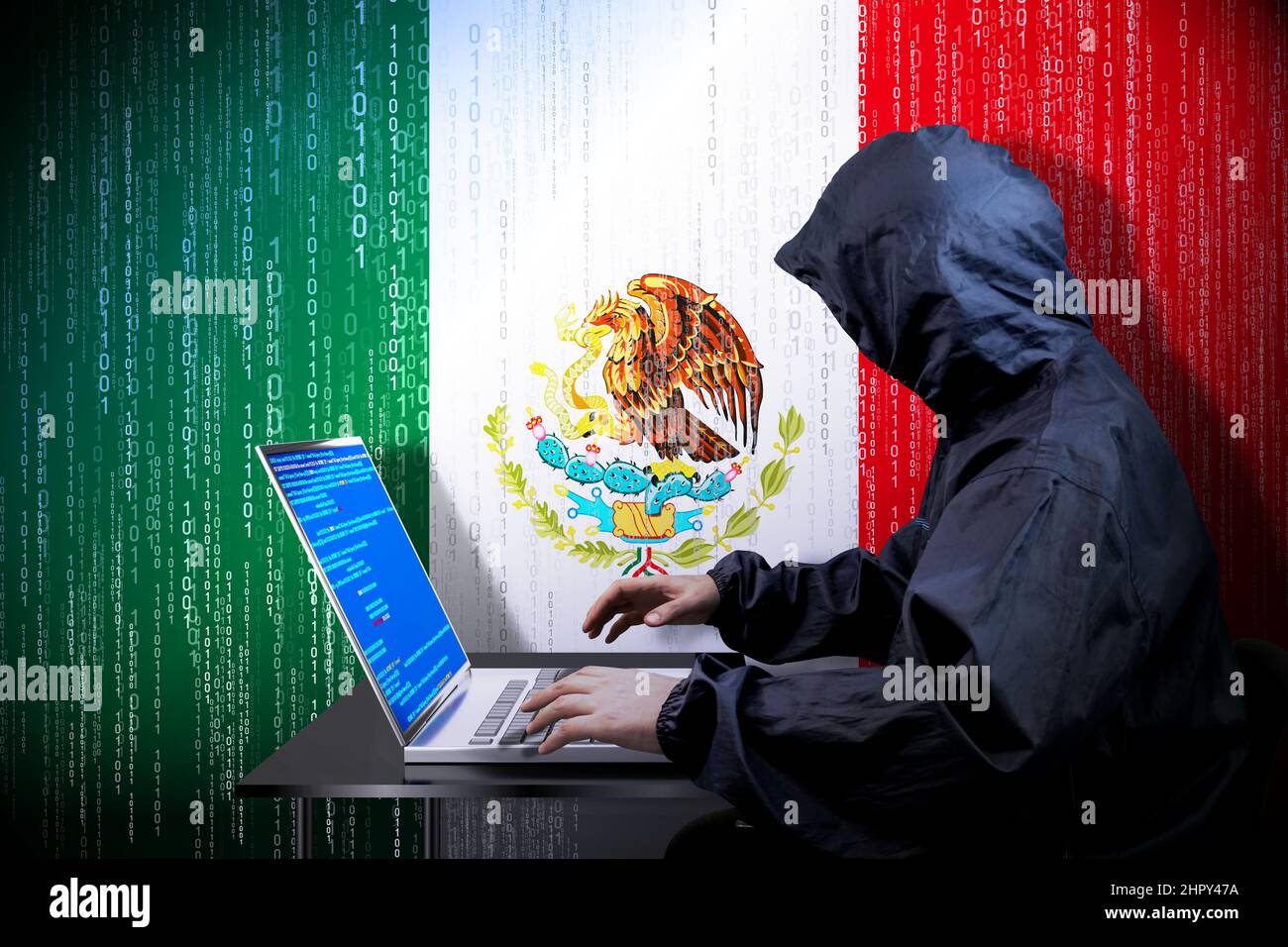Anonymous Hooded Hacker Flag Of Mexico Binary Code Cyber Attack