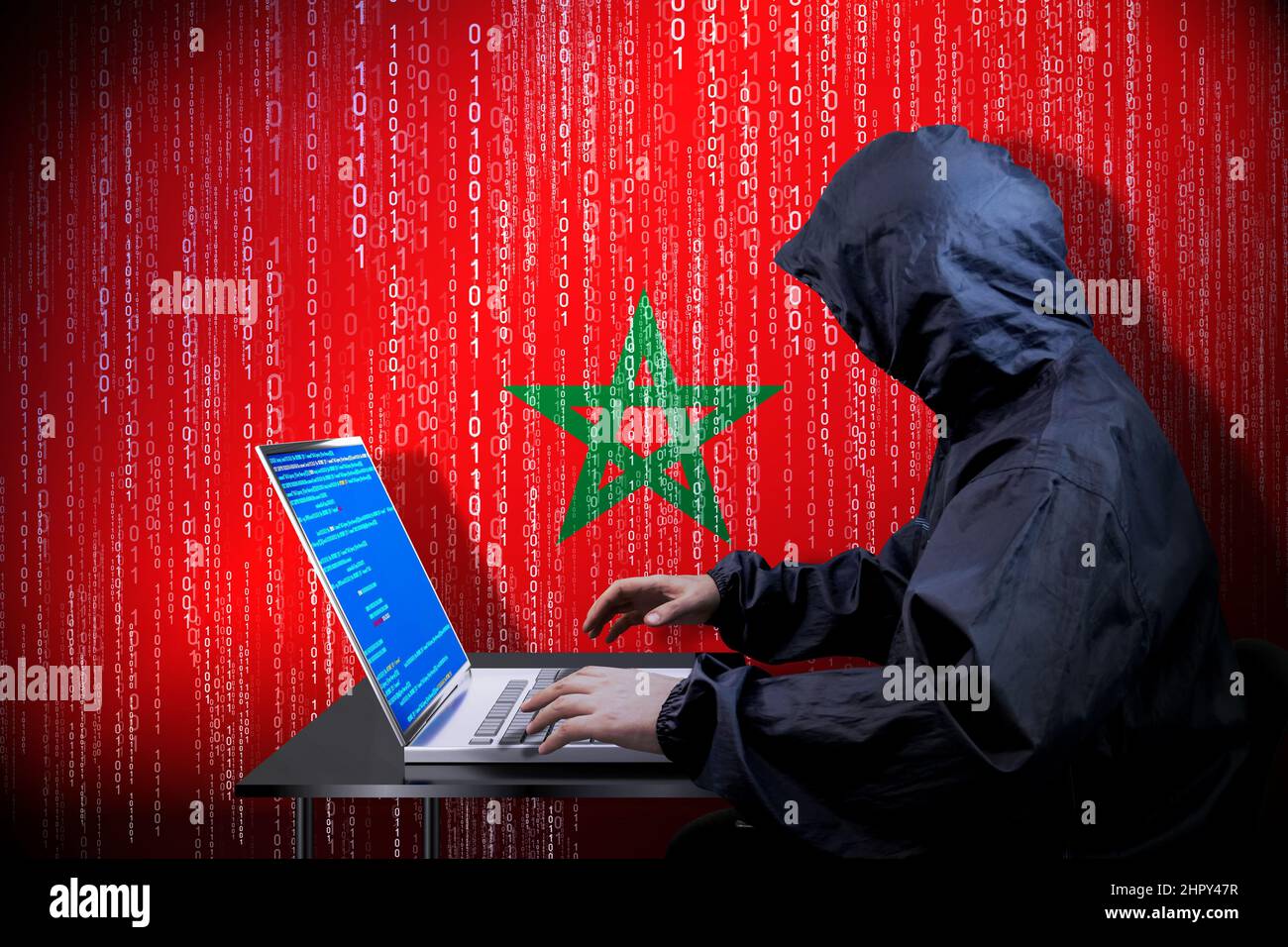 Anonymous hooded hacker, flag of Morocco, binary code - cyber attack ...