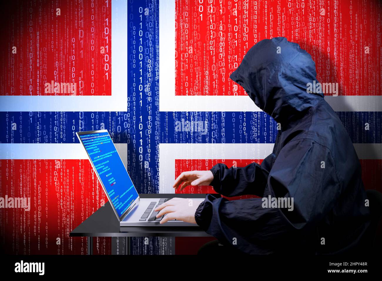 Anonymous hooded hacker, flag of Norway, binary code - cyber attack concept Stock Photo - Alamy