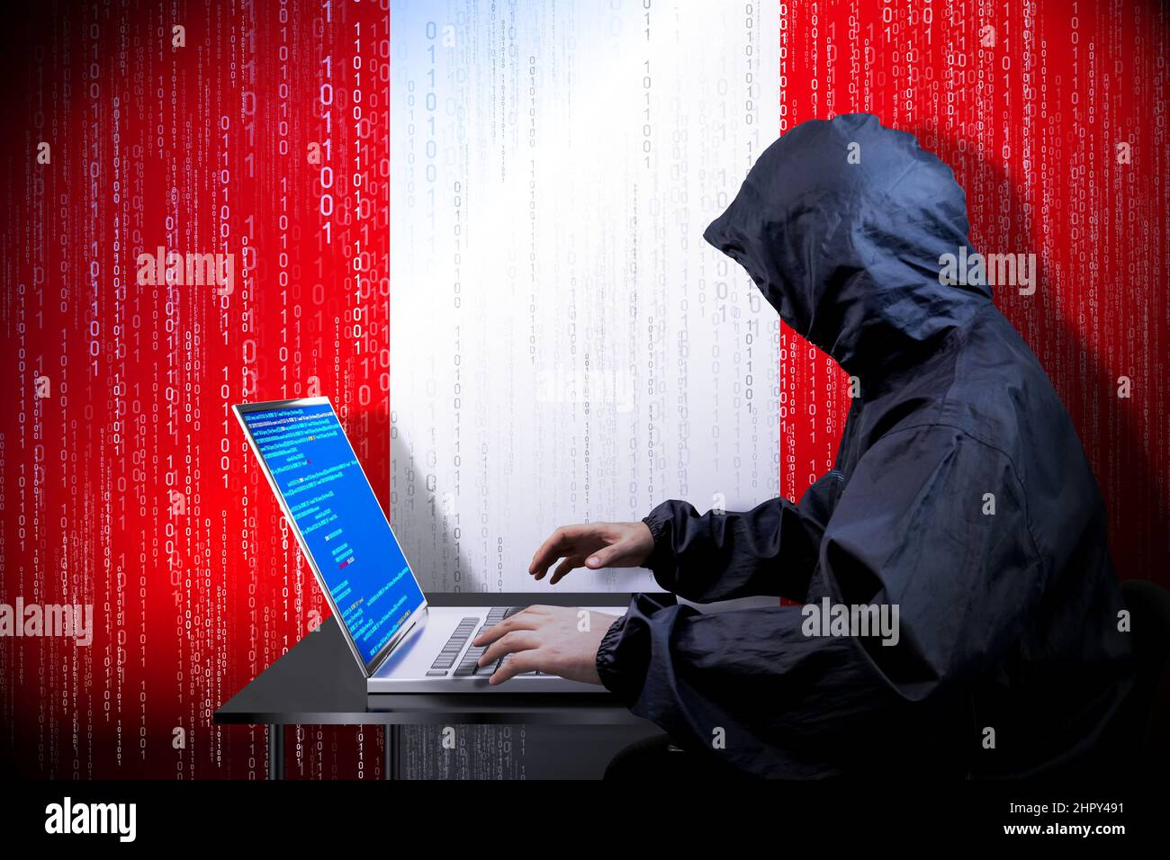 Anonymous hooded hacker, flag of Peru, binary code - cyber attack concept Stock Photo - Alamy