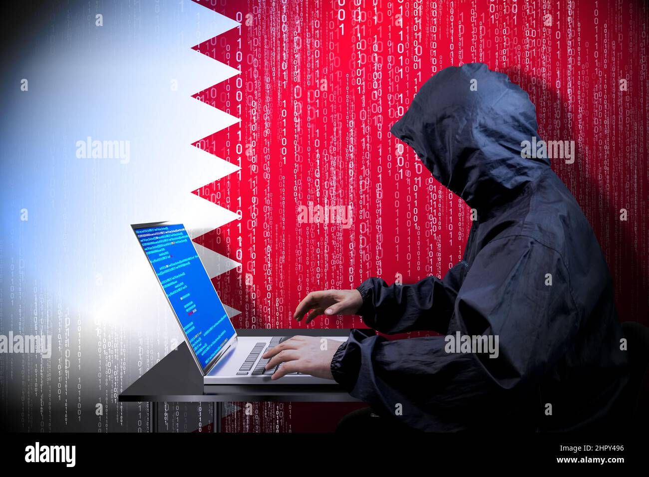 Anonymous hooded hacker, flag of Qatar, binary code - cyber attack concept Stock Photo - Alamy
