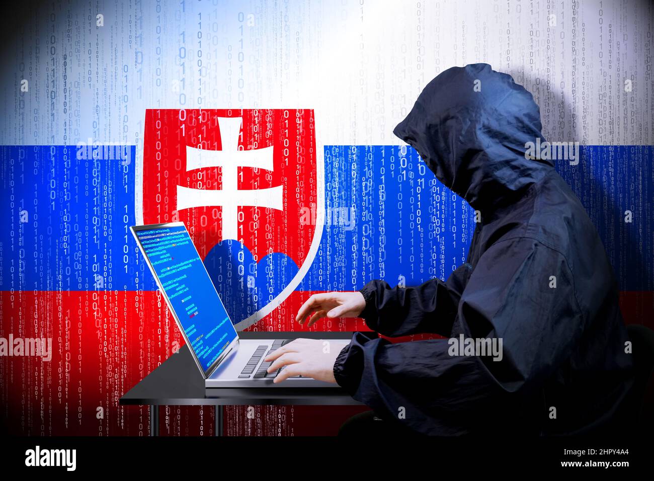 Anonymous hooded hacker, flag of Slovakia, binary code - cyber attack ...