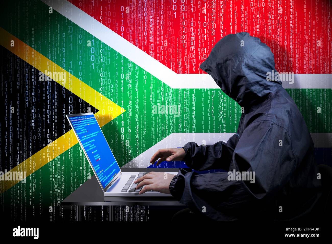 Anonymous hooded hacker, flag of South Africa, binary code - cyber attack concept Stock Photo ...