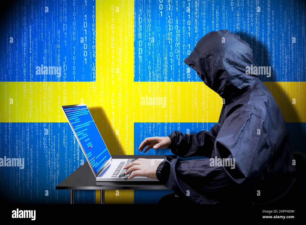 Anonymous Hooded Hacker Flag Of Sweden Binary Code Cyber Attack