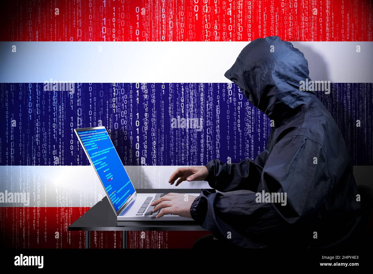 Anonymous hooded hacker, flag of Thailand, binary code - cyber attack concept Stock Photo - Alamy