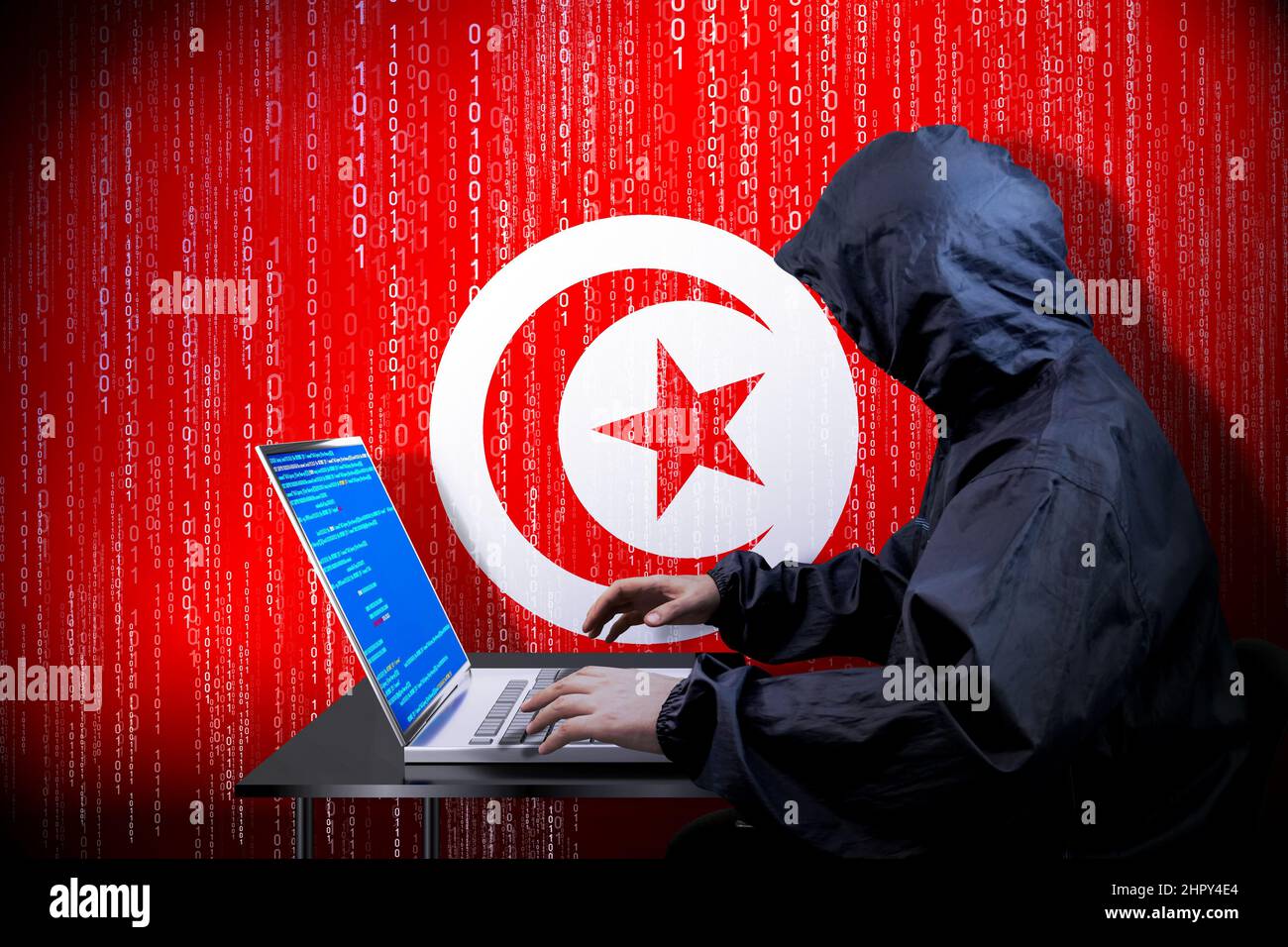 Anonymous hooded hacker, flag of Tunisia, binary code - cyber attack concept Stock Photo - Alamy