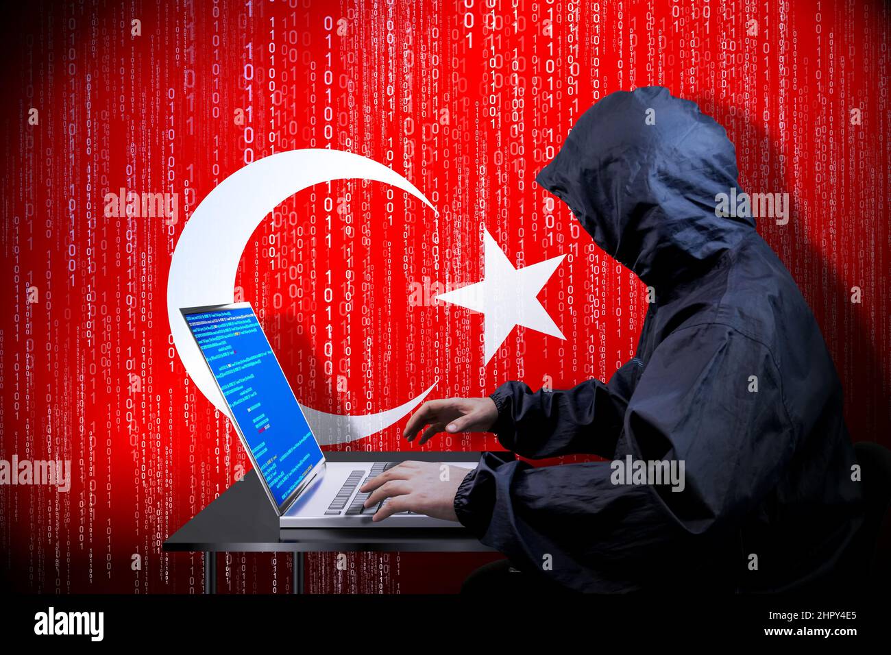 Anonymous hooded hacker, flag of Turkey, binary code - cyber attack ...