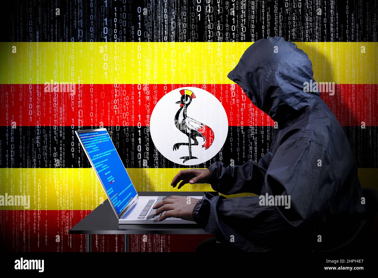 Anonymous hooded hacker, flag of Uganda, binary code - cyber attack concept Stock Photo - Alamy